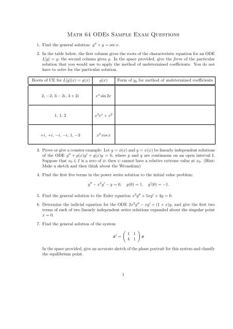 Math 64 ODEs Sample Exam Questions