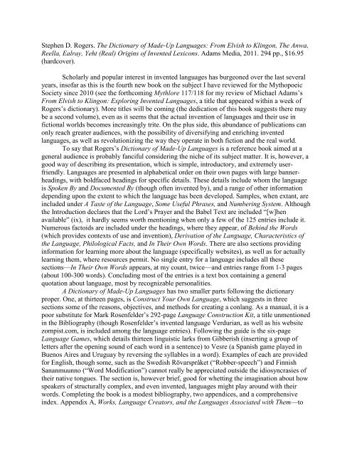 Stephen D. Rogers. The Dictionary of Made-Up Languages: From ...