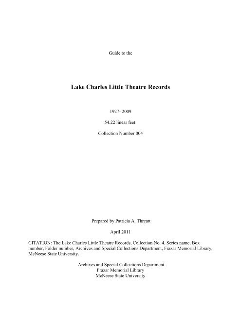 Lake Charles Little Theatre Records - Library - McNeese State ...