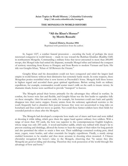 “All the Khan's Horses,” by Morris Rossabi - Columbia University