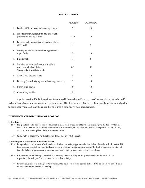 BARTHEL INDEX With Help I