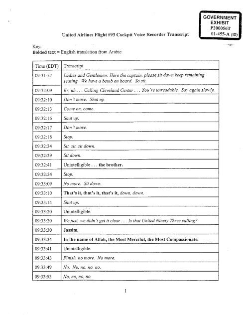 Flight #93 Cockpit Voice Recorder Transcript