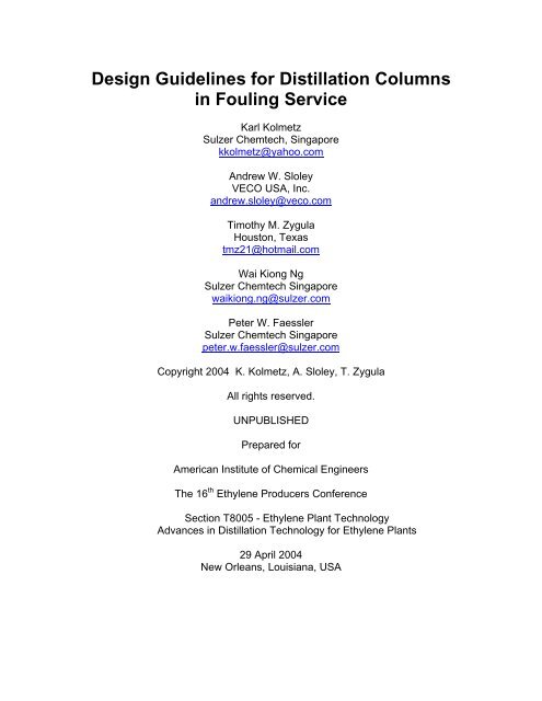 Design Guidelines for Distillation Columns in Fouling Service - KLM ...