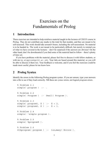 Exercises on the Fundamentals of Prolog