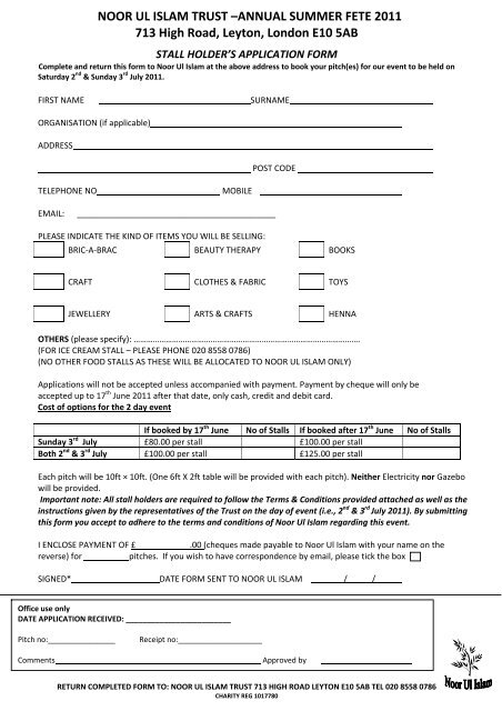 Stall Holder Application Form & Conditions - Noor Ul Islam