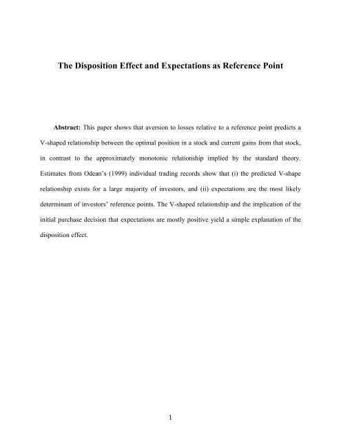 The Disposition Effect and Expectations as Reference Point
