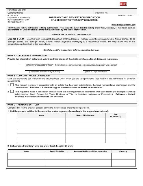 AGREEMENT AND REQUEST FOR DISPOSITION ... - TreasuryDirect