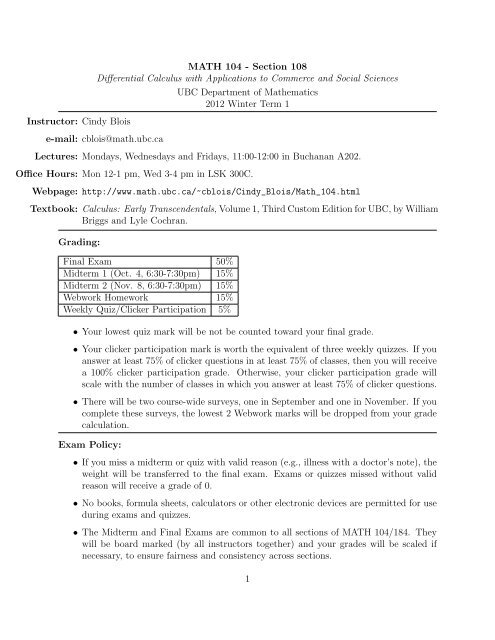 MATH 104 - Section 108 Differential Calculus with ... - UBC Math