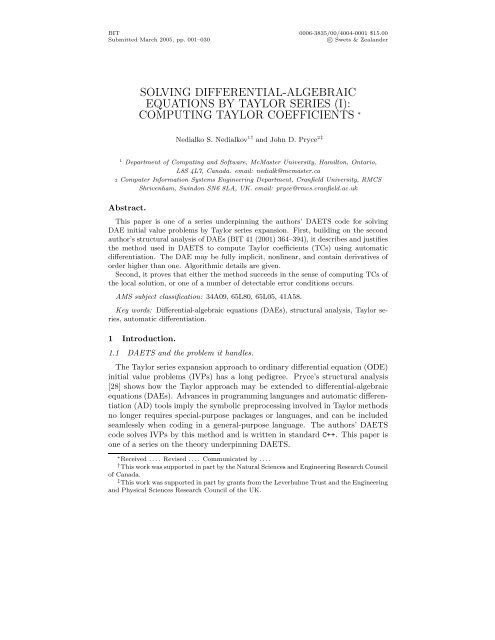 solving differential-algebraic equations by taylor series