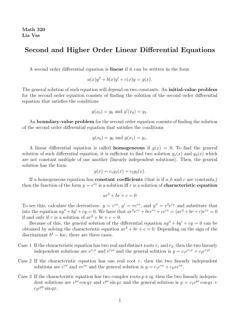 Second And Higher Order Linear Differential Equations