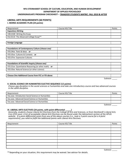 liberal arts requirements (60 points) - NYU Steinhardt School of ...