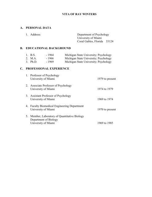 vita of ray winters a. personal data - University of Miami, Psychology