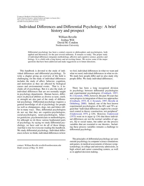 Individual Differences and Differential Psychology: A brief history ...