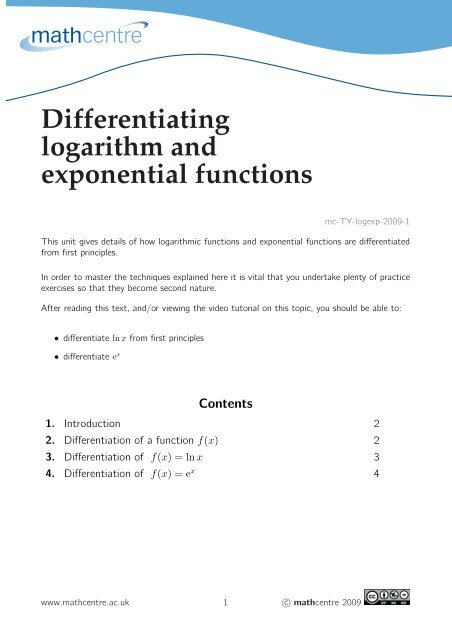 Differentiating logarithm and exponential functions - Mathcentre