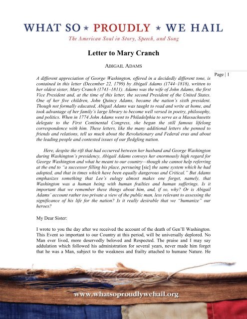 Letter to Mary Cranch - What So Proudly We Hail