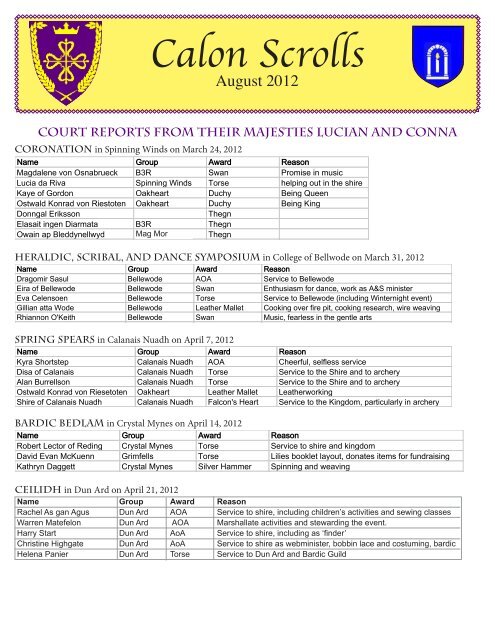 August 2012 - Calon Scrolls - Kingdom of Calontir