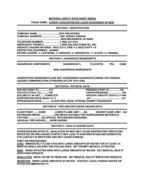 MATERIAL SAFETY DATA SHEET (MSDS) TRADE ... - Epic Industries