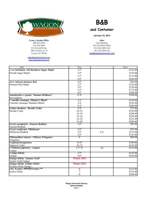Our Current Availability List - Wagon Hammock Nursery