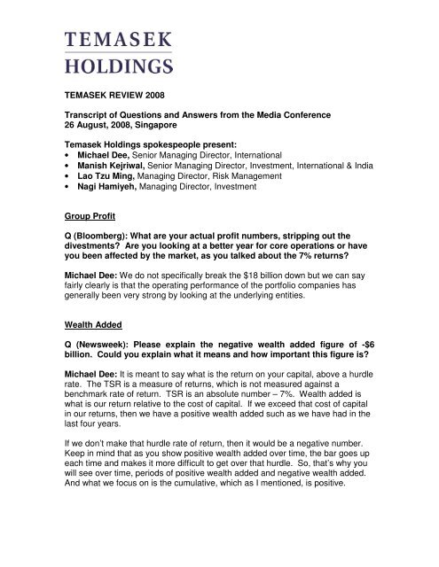 TEMASEK REVIEW 2008 Transcript of Questions and Answers from ...