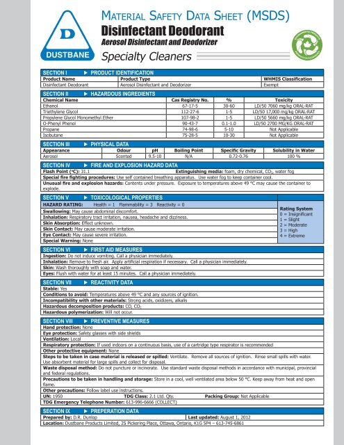 Disinfectant Deodorant Spray - Dustbane Products Limited