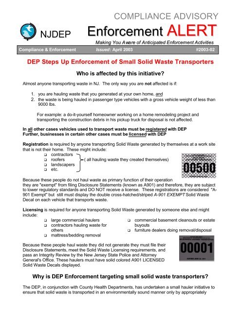 DEP Steps Up Enforcement of Small Solid Waste Transporters