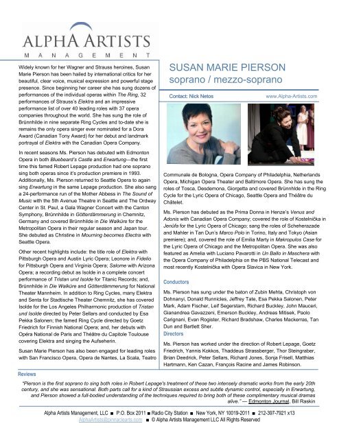 SUSAN MARIE PIERSON soprano / mezzo-soprano - Alpha Artists ...