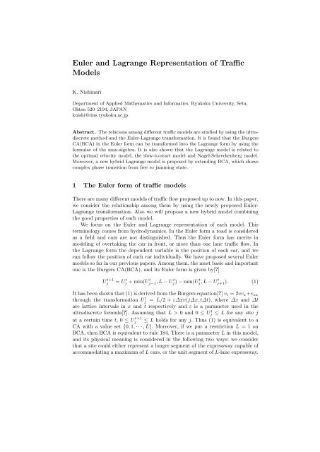 Euler And Lagrange Representation Of Traffic Models
