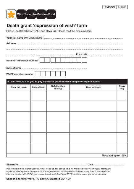 Death grant 'expression of wish' form - West Yorkshire Pension Fund
