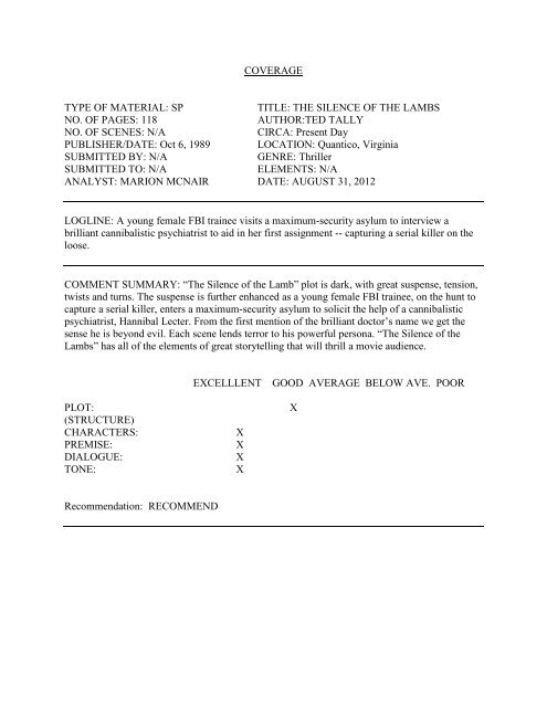 to see a Sample script coverage - First Act Script Coverage