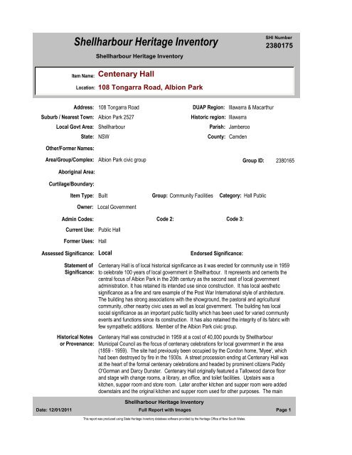 2380175 Centenary Hall - Shellharbour City Council