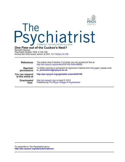 ONE FLEW OUT OF THE CUCKOO'S NEST?* - The Psychiatrist
