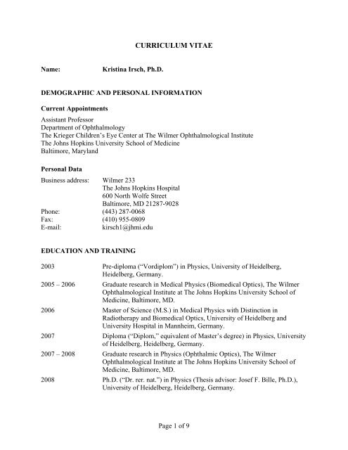 CURRICULUM VITAE - Johns Hopkins Medical Institutions