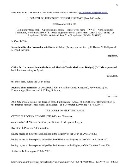 JUDGMENT OF THE COURT OF FIRST INSTANCE (Fourth ... - OHIM