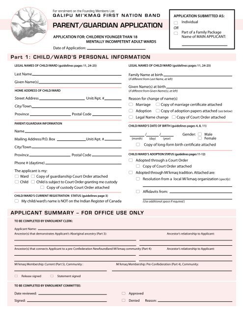 parent/guardian application - Qalipu Mi'kmaq - First Nation Band