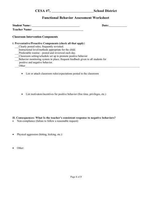 Functional Behavior Assessment Worksheet Functional Communication