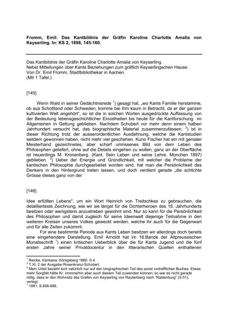 Fromm, Emil: Das Kantbildnis der Gräfin Karoline Charlotte Amalia ...