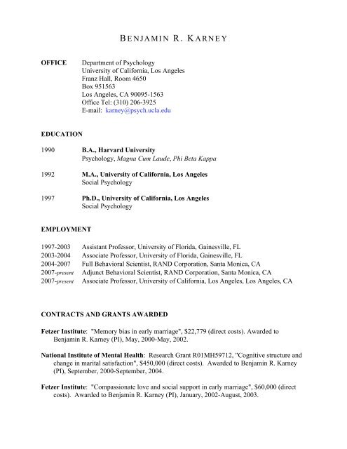 Curriculum Vitae for Benjamin Karney - RAND Corporation