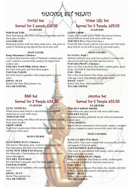 Dinner set menu - Sawasdee Thai Restaurant - Wirral