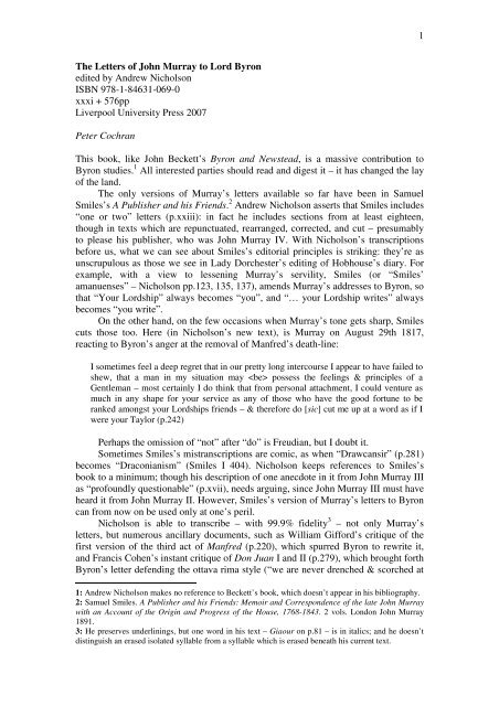 1 The Letters of John Murray to Lord Byron edited by Andrew ...