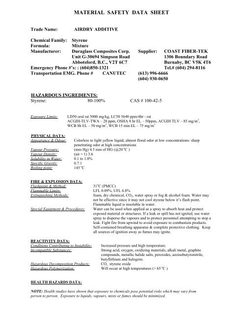 MSDS Sheet - Coast Fiber-Tek Products