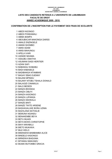 liste des candidats retenus a l'universite de - Université de ...