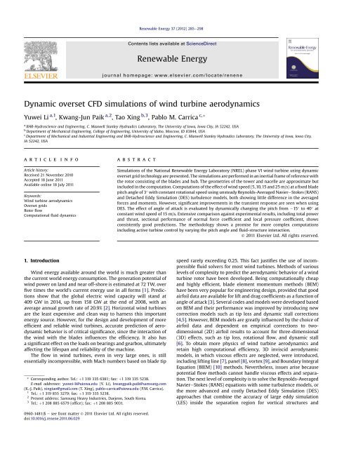 Dynamic overset CFD simulations of wind turbine ... - of Tao Xing