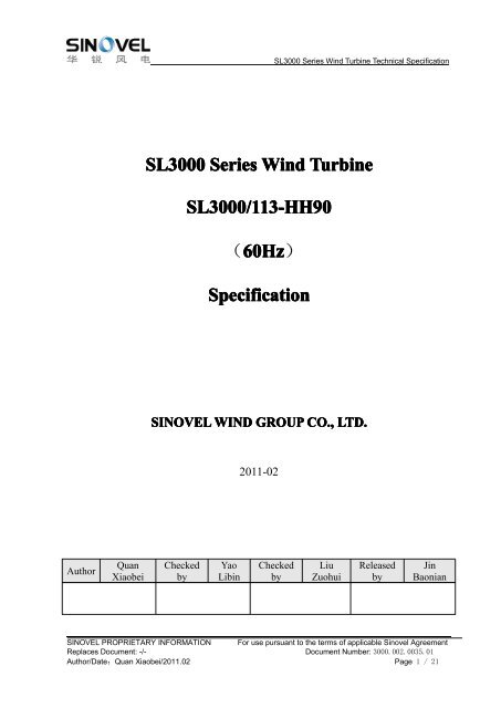 SL3000 Series Wind Turbine SL3000/113-HH90 （60Hz） Specification
