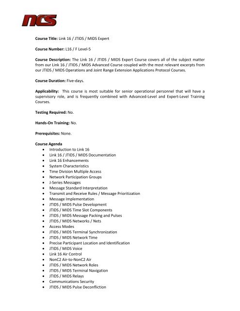 Link 16 / JTIDS / MIDS Expert Course Description - NCS Training