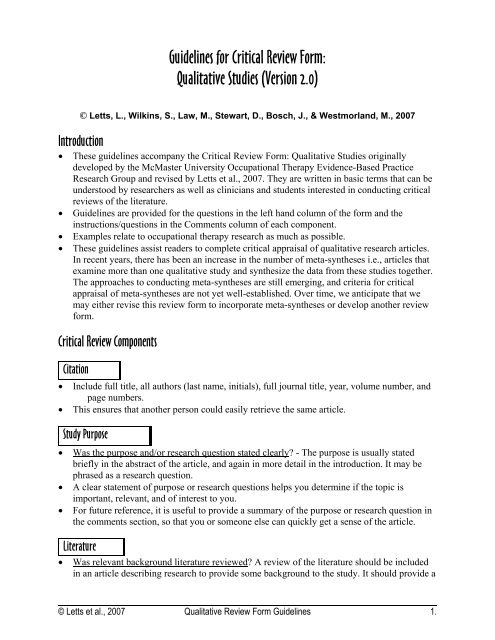 Guidelines for Critical Review Form: Qualitative Studies - School of ...