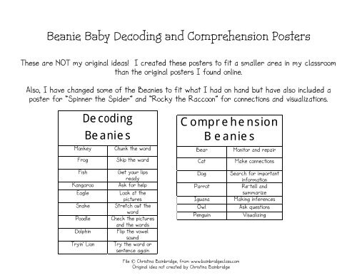 Beanie Baby Decoding and Comprehension Posters - Christina ...
