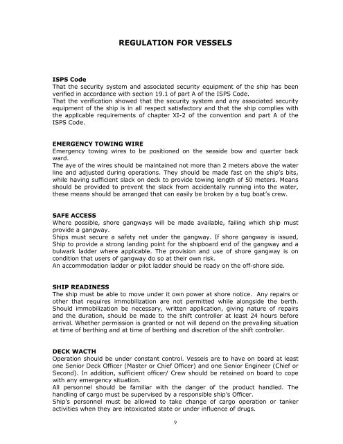 REGULATION FOR VESSELS IS