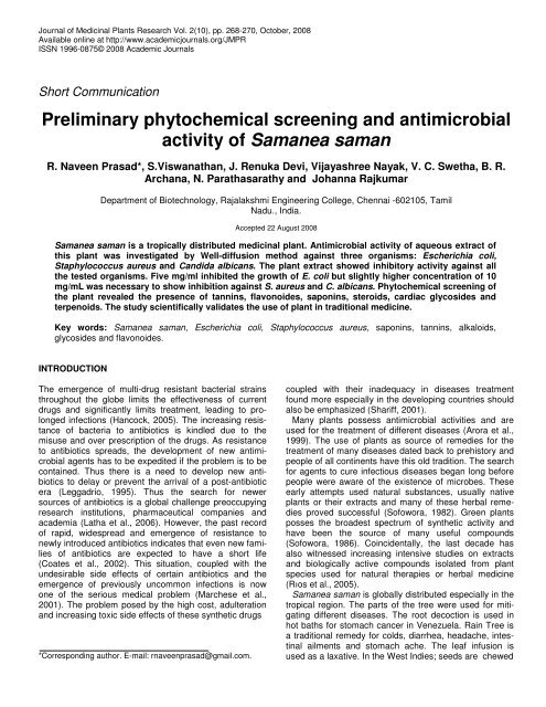Preliminary phytochemical screening and antimicrobial activity of ...