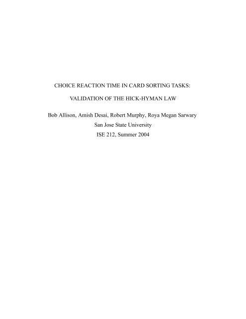 Choice Reaction Time in Card Sorting Tasks - Robert Murphy