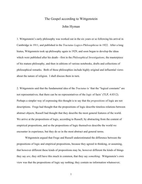 The Gospel according to Wittgenstein John Hyman